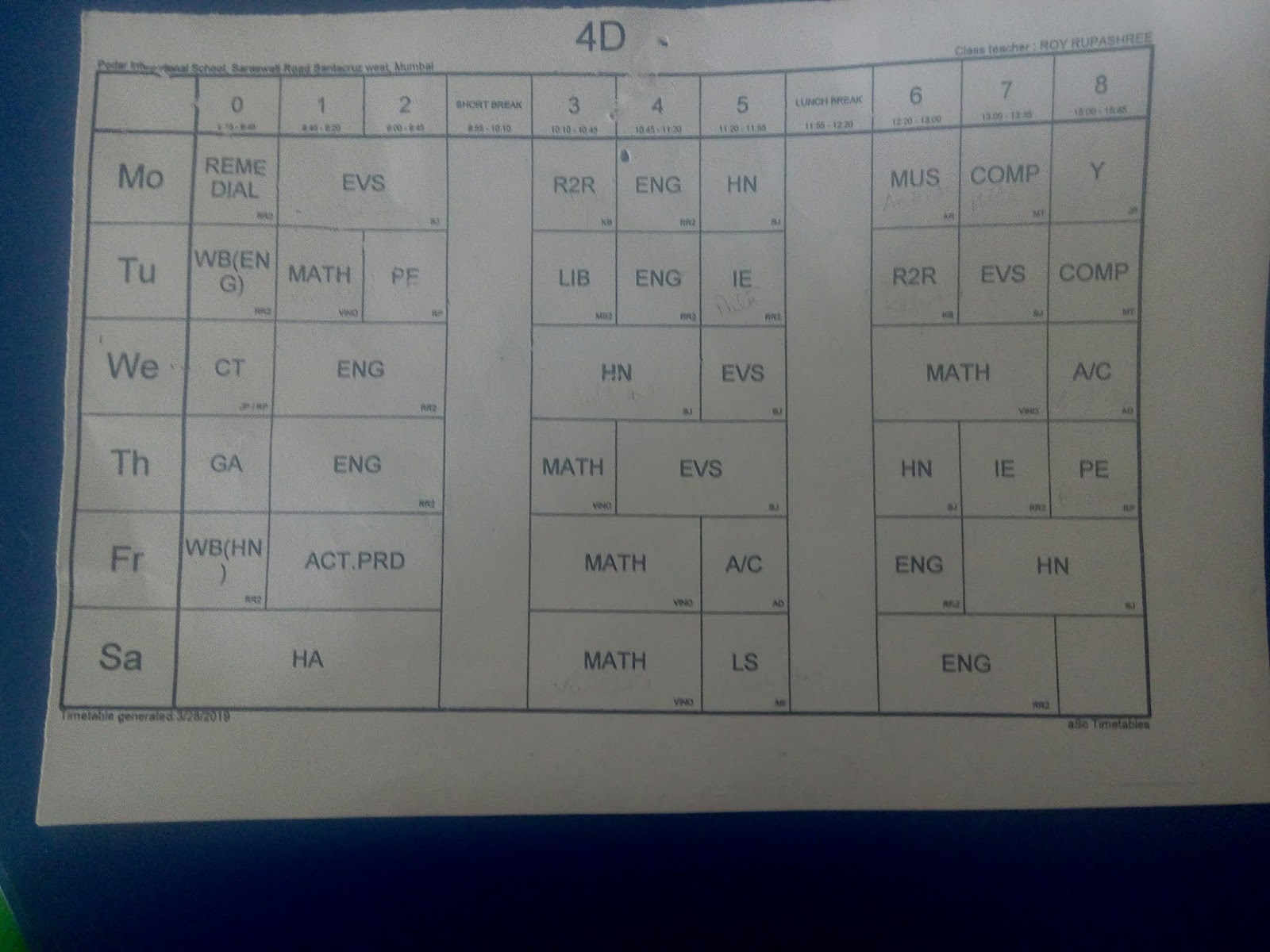 Class 4D time table