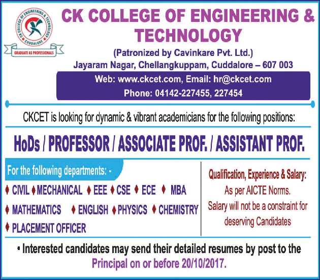 CK College of Engineering & Technology, Cuddalore, Wanted Faculty Plus ...