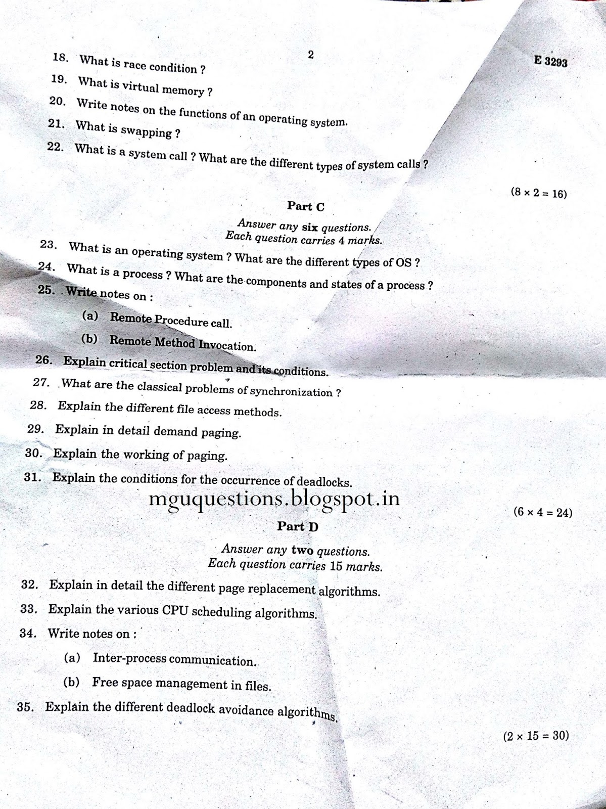 mgu BCA degree semester 5 operating system 2016 Previous Year Question ...