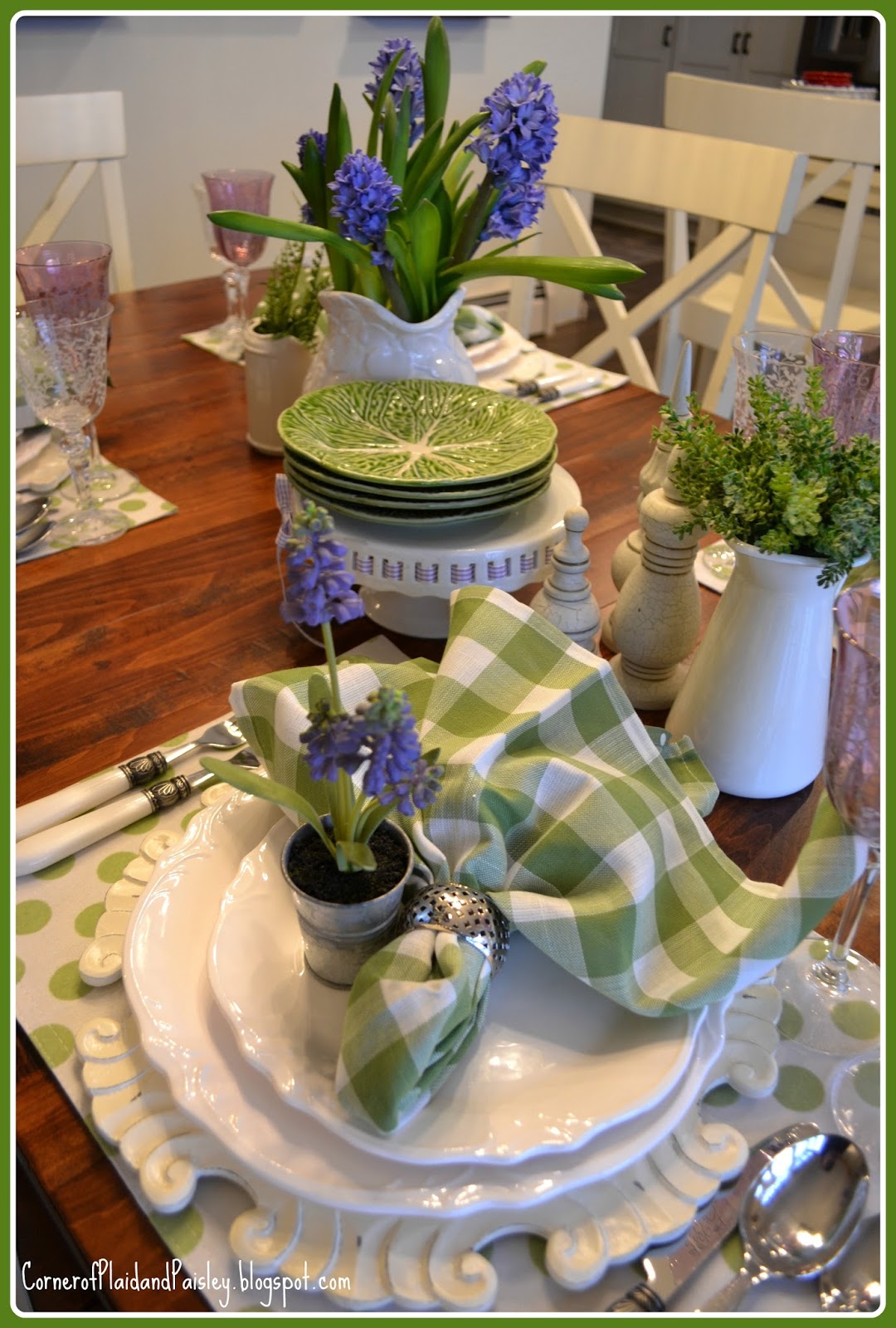 Spring Tablescape with Hyacinths - Corner of Plaid and Paisley