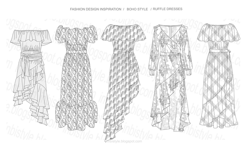 10 Boho Ruffle Flounce Dresses Vector Flat Sketches