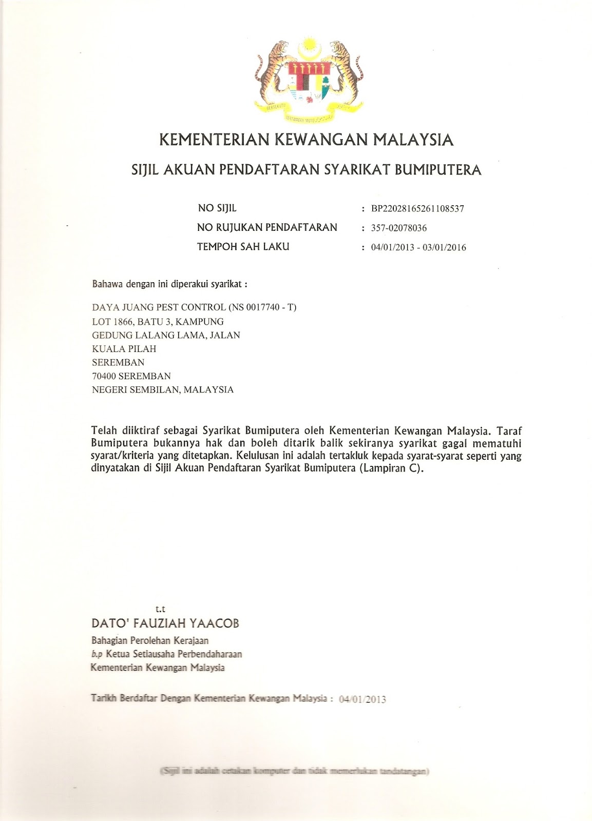 DAYA JUANG PEST CONTROL: SIJIL PENDAFTARAN DAN KEWANGAN