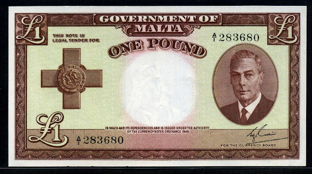 Maltese notes ₤1 Pound banknote 1949 King George VI & Cross of St ...