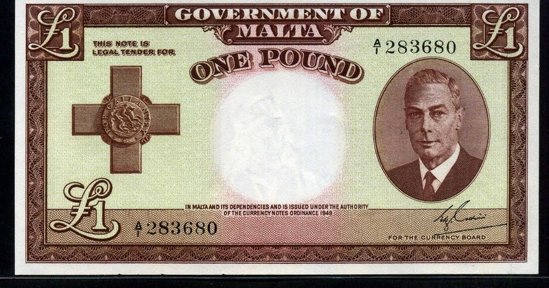 Maltese notes ₤1 Pound banknote 1949 King George VI & Cross of St ...