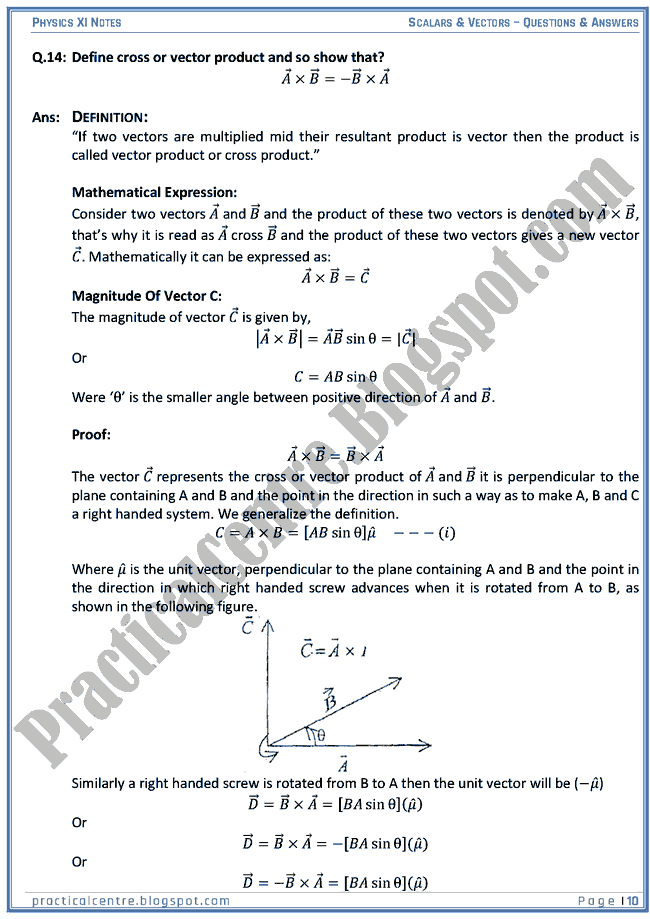 Practical Centre Scalars And Vectors Questions And Answers Physics Xi