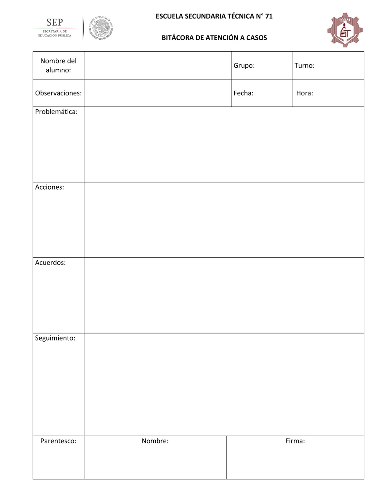 SEP_Tutorías: Formato para bitacora