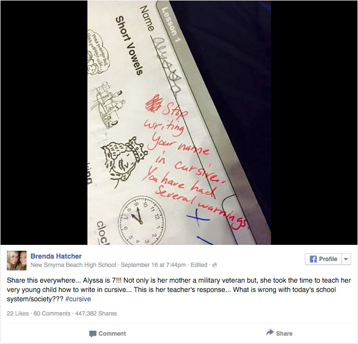 Salisbury News: Teacher Tells Student “Stop writing in cursive!”