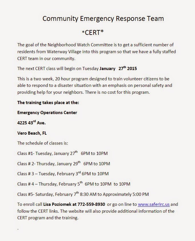 The Isles at Waterway Village: January "CERT" Program‏
