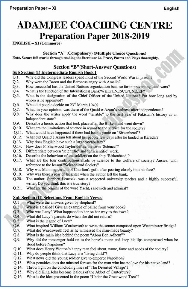 Adamjee Coaching: English 11th - Adamjee Coaching Guess Paper 2019