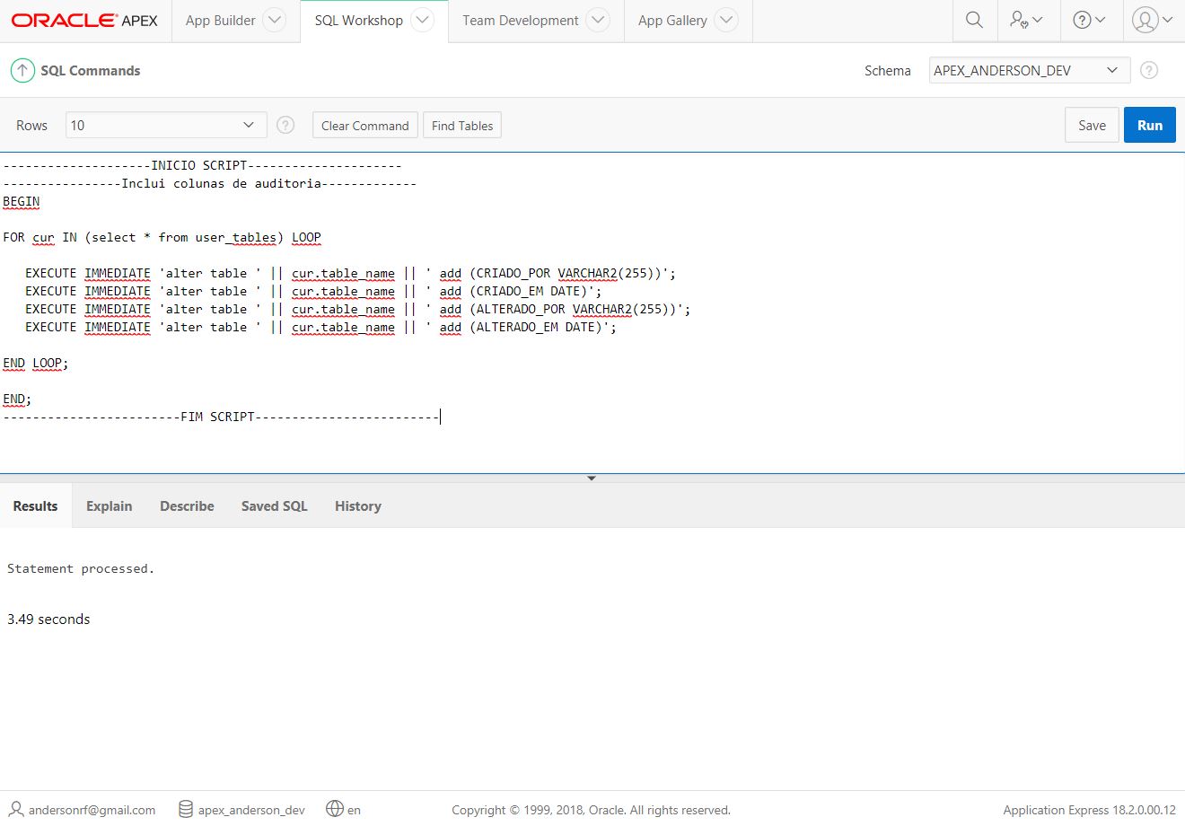 Desenvolvedor Oracle APEX: Criando colunas de auditoria em tabelas Oracle