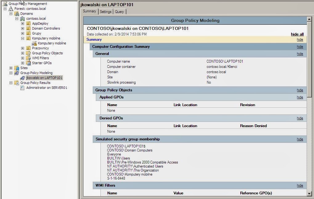 Windows 2008 Serwer -Śledzenie wyników zasad grup -Group Policy Result ...
