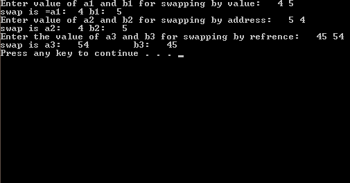 C++ Programs to SWAP BY FUNCTIONs, through call by VALUE ,ADDRESS ...