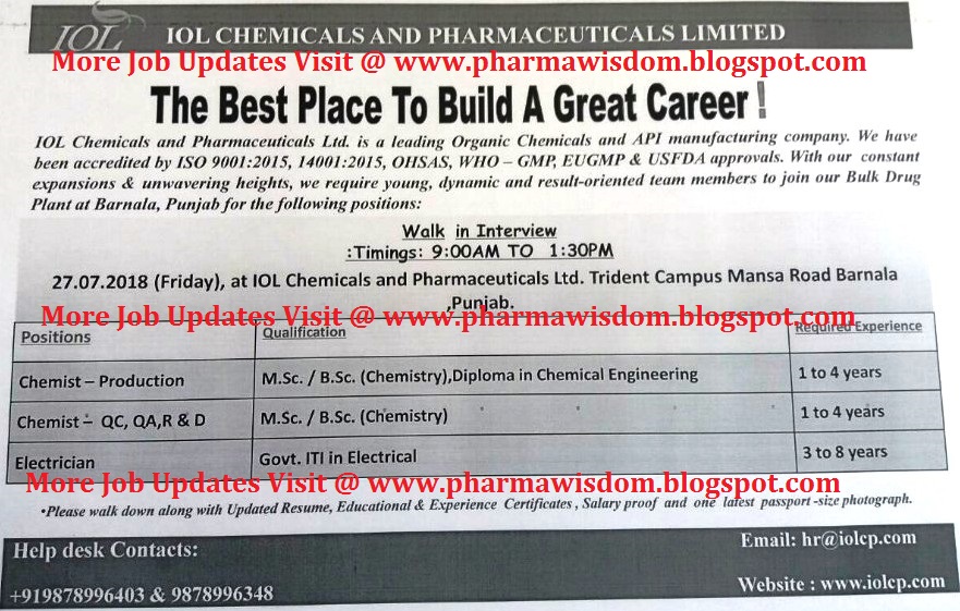 IOL Chemicals & Pharmaceuticals Ltd - Walk-In Interview for Production ... IOL Chemicals & Pharmaceuticals Ltd - Walk-In Interview for Production ...