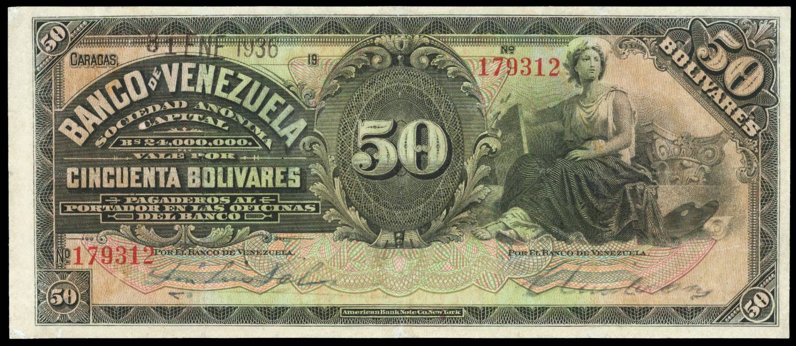 Venezuela 50 Bolivares banknote 1936 Banco De Venezuela|World Banknotes ...