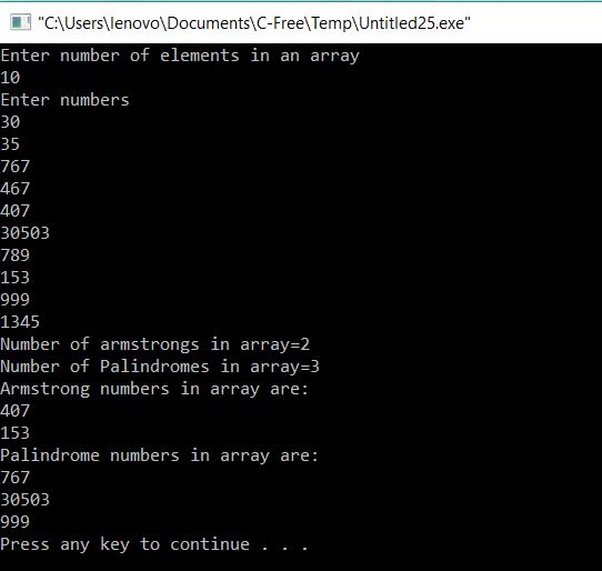 All C Programs Program 262 Program To Print Count Of Armstrong And Palindromes In An Array