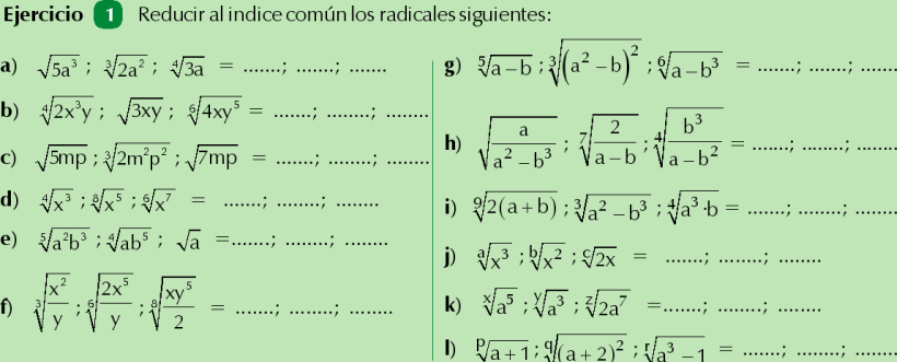 REDUCCION DE RADICALES AL COMUN INDICE EJEMPLOS Y EJERCICIOS RESUELTOS