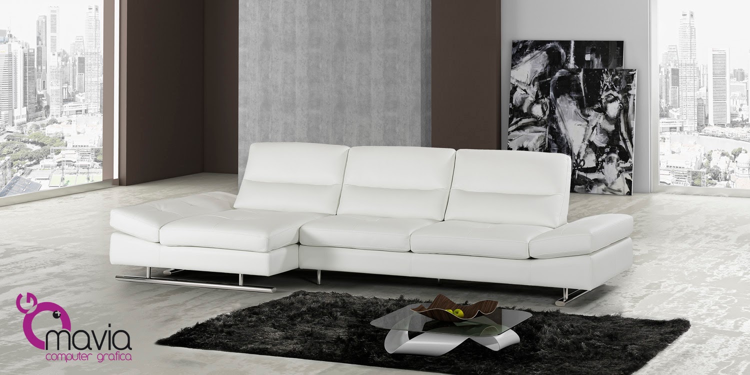 Arredamento di interni: Divano moderno in pelle bianca - rendering 3d