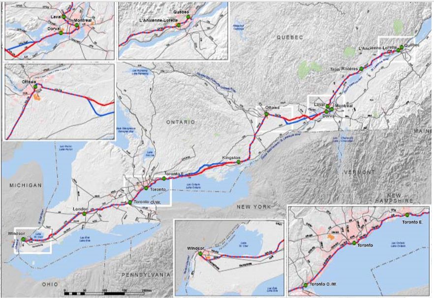 ONTARIO QUEBEC HIGH SPEED RAIL STUDIES, MAPS AND HEARINGS