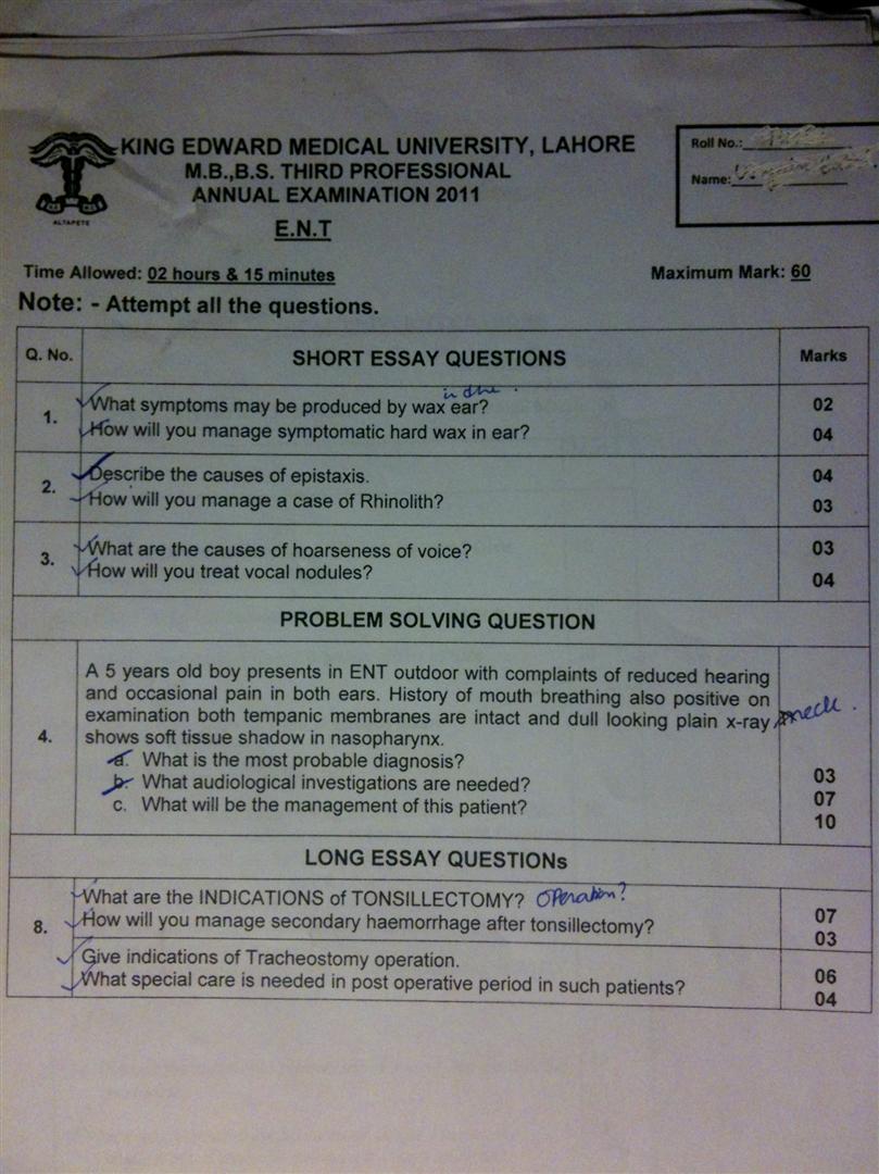 4th Year: ENT Past Papers Sendups Prof
