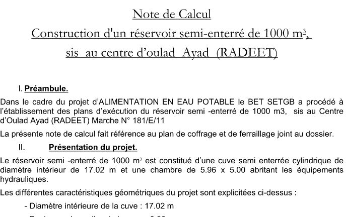Exemple de note de Calcul d'un réservoir semi-enterré de 1000 m3