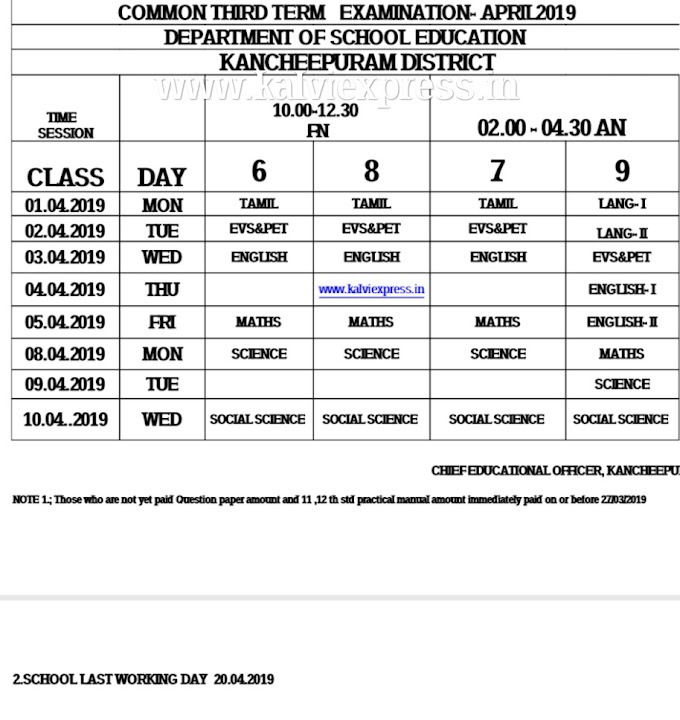 THIRD TERM EXAMINATION COMMON TIMETABLE - 2019 PUBLISHED NOW - காஞ்சிபுரம்