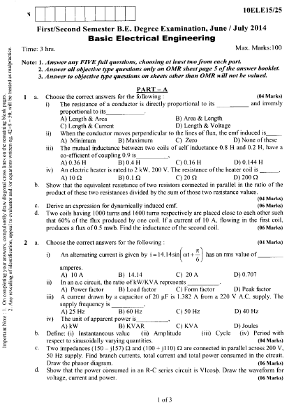 Basic Electrical Engineering VTU B.E June July 2014 Question Paper - University Question Papers