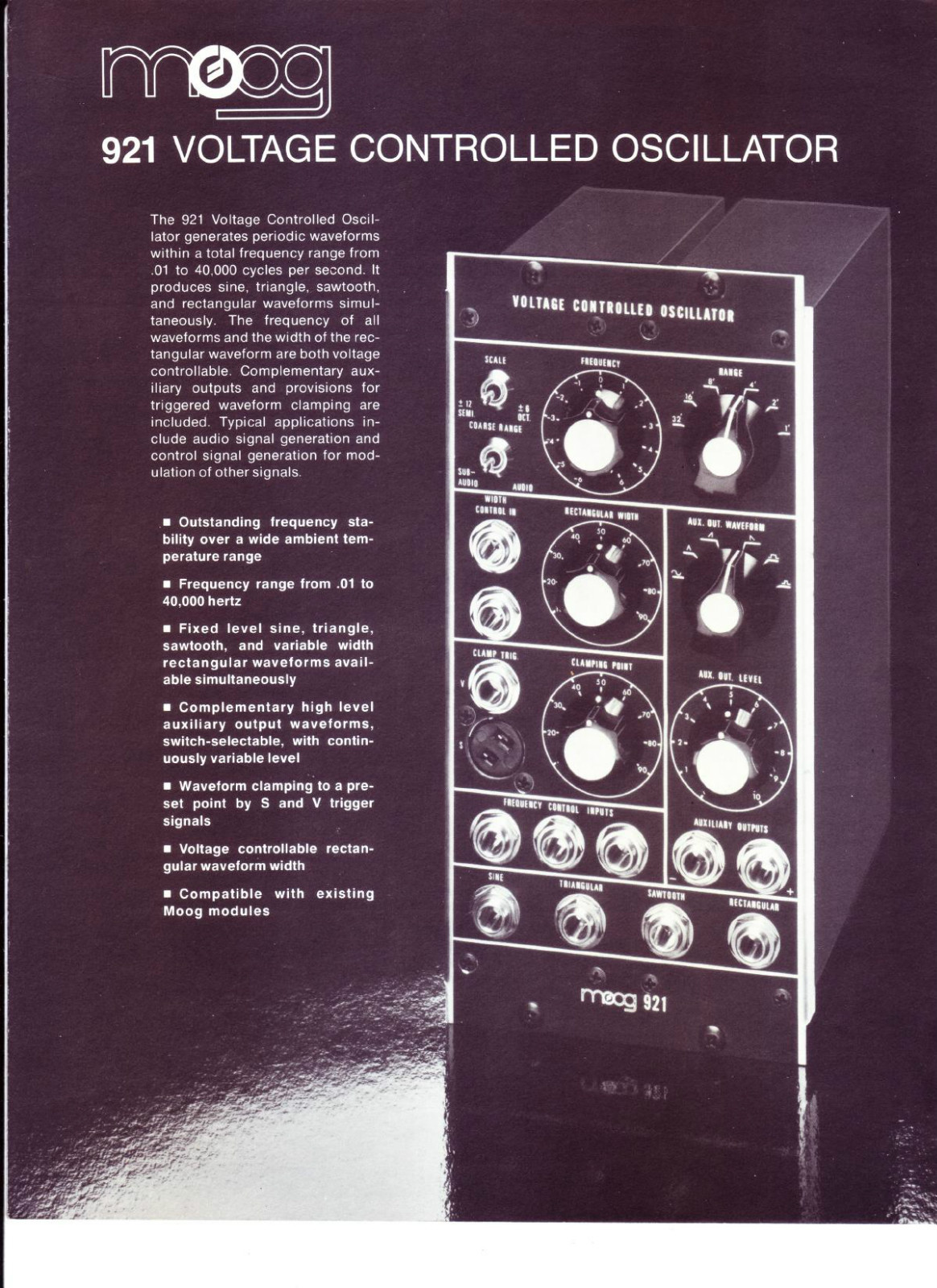 MATRIXSYNTH: 1976 VINTAGE MOOG SYNTHESIZER 921 VCO SPEC SHEET/BROCHURE