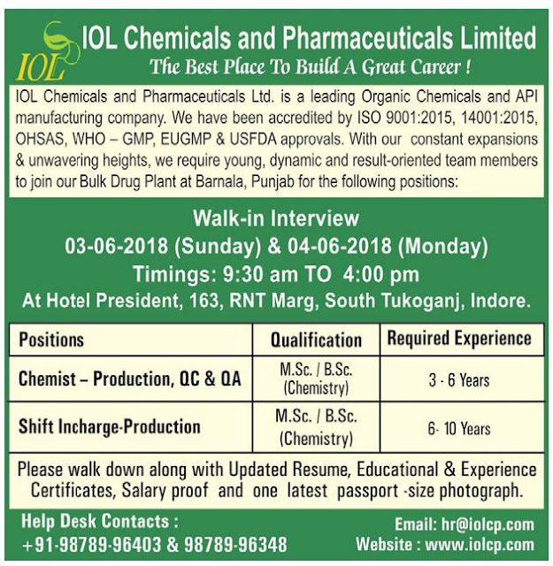 IOL Chemicals & Pharmaceuticals - Walk-In Interview - 3 and 4 June 2018 ...