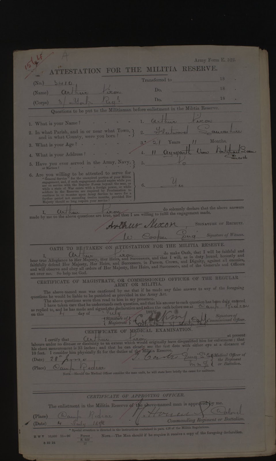 Army Forms & Attestations: Army Form E.522 - Militia Reserve Attestation