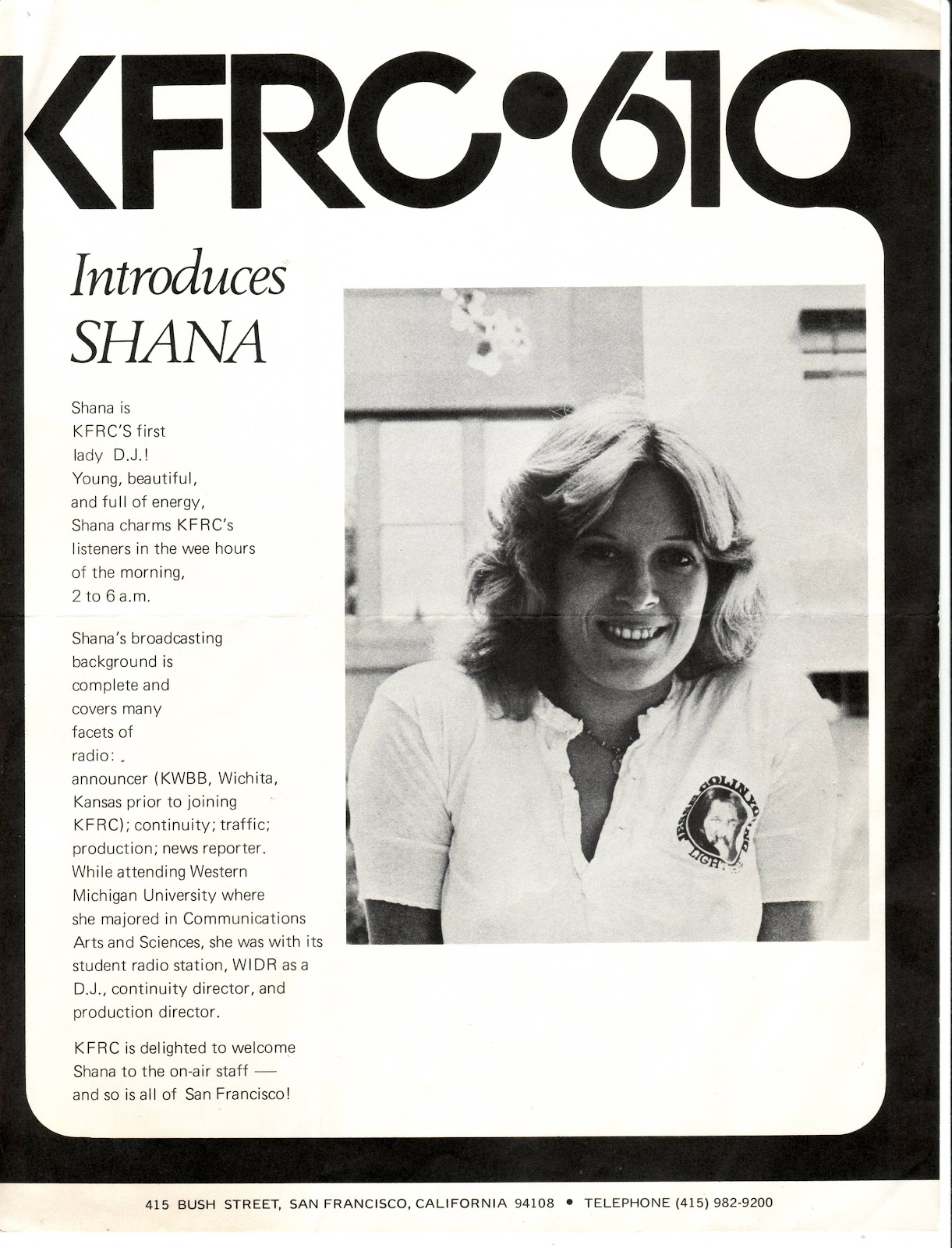 Classic Top 40 Radio: KFRC San Francisco Shana publicity sheet 1974