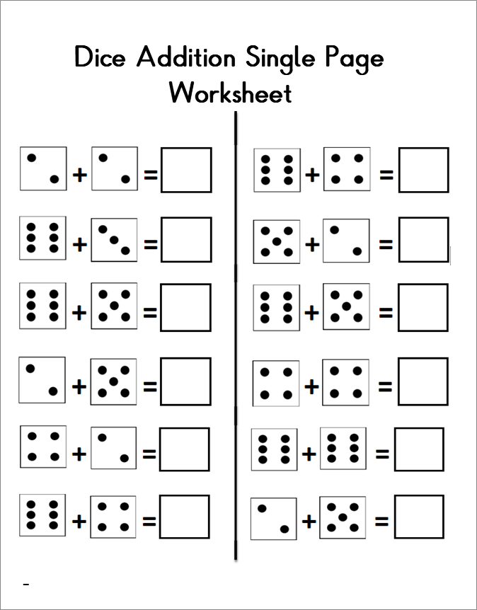 Dice Addition Single Page Worksheet