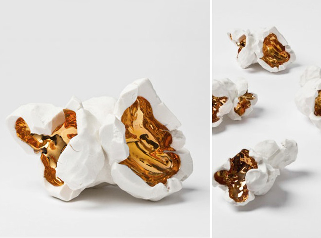 three little black birds: porcelain + gold popcorn sculpture