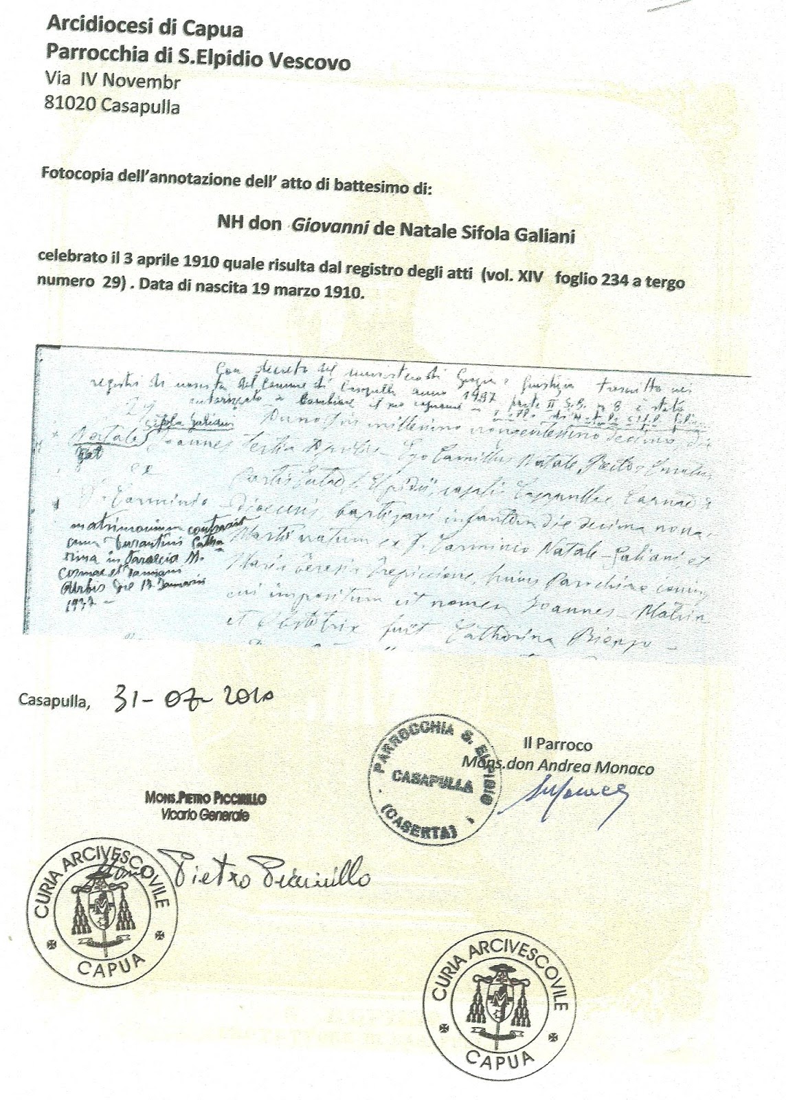 Genealogia dei marchesi "de Natale Sifola Galiani" Capuani di Casapulla