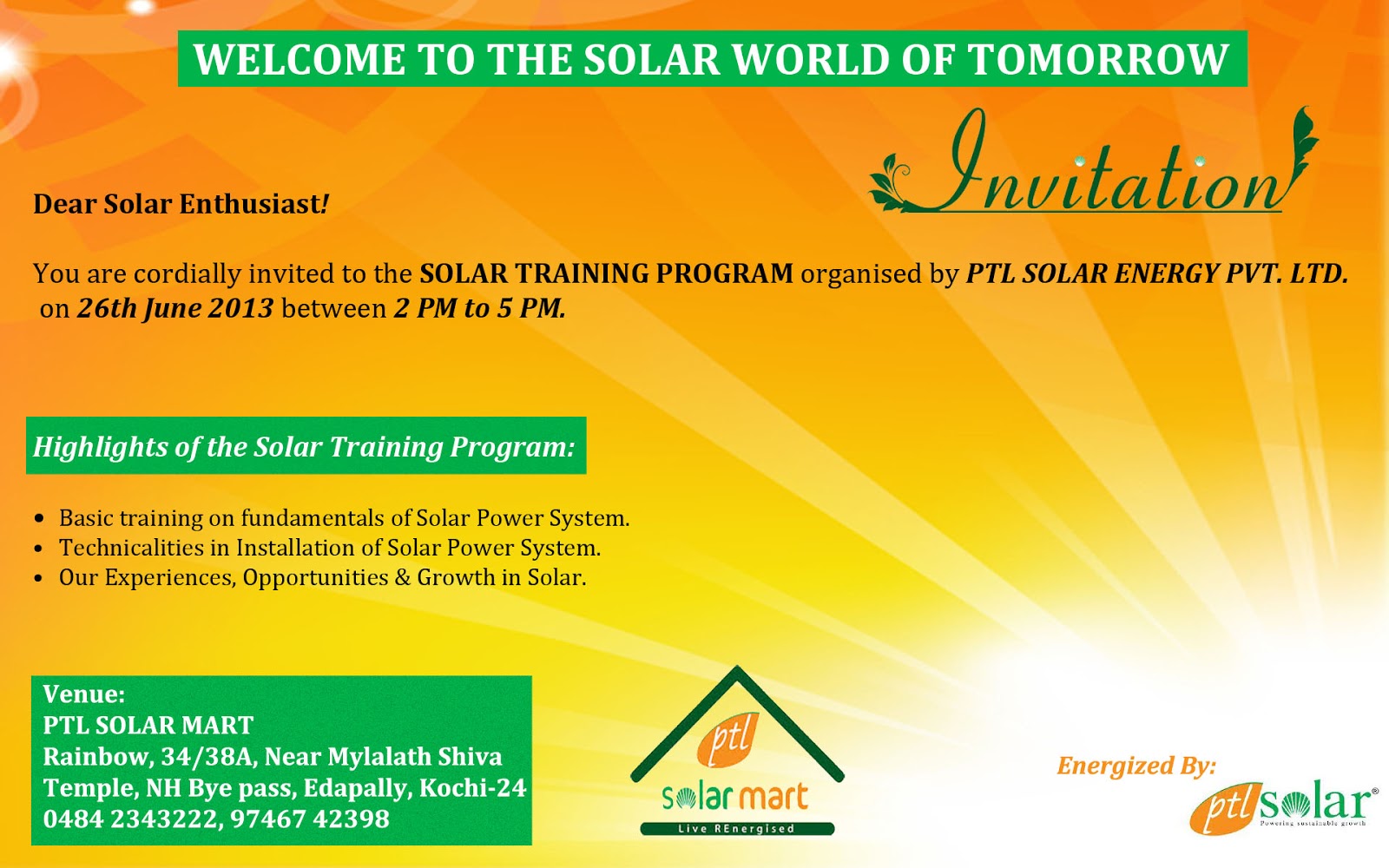 PTL SOLAR MART: SOLAR TRAINING PROGRAM on JUNE 26th, 2013