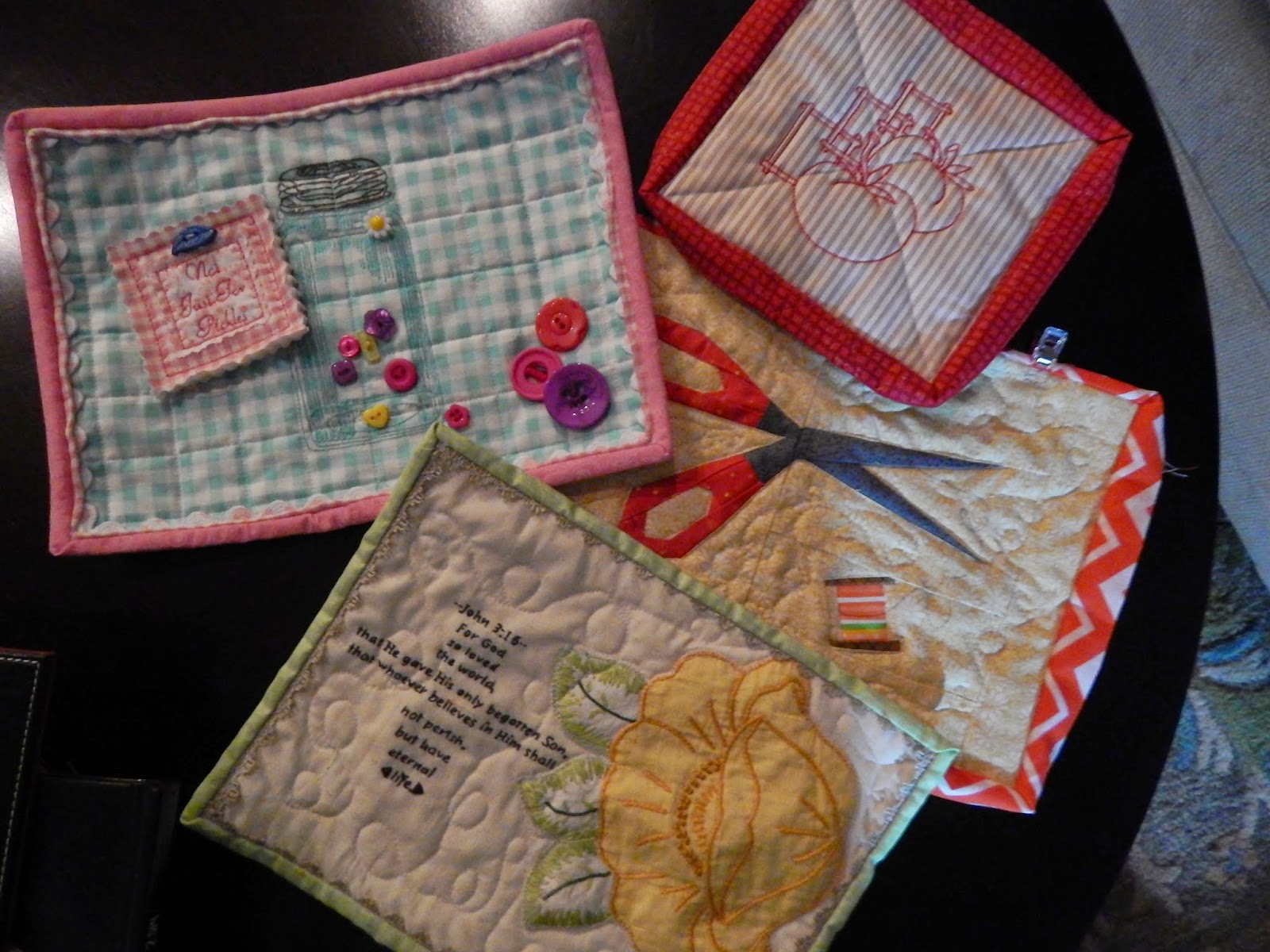 She's just a girl who creates...: More fun...Pot Holders, mug rugs wood ...