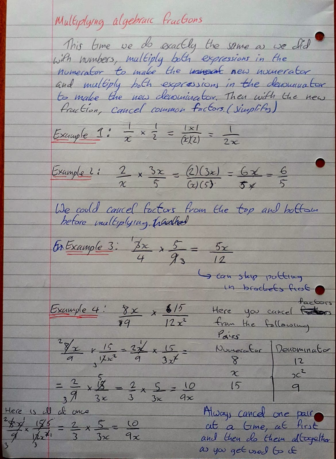 A Level Maths Notes: A2 - Multiplication of algebraic fractions