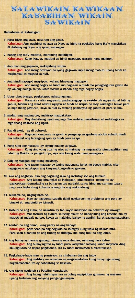 Salawikain, Halimbawa at Kahulugan