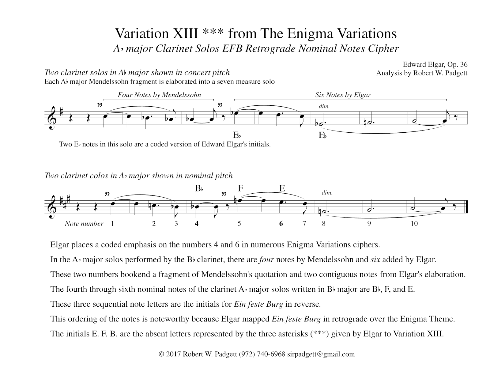 Elgar's Enigma Theme Unmasked: Variation XIII Clarinet Solos Ciphers