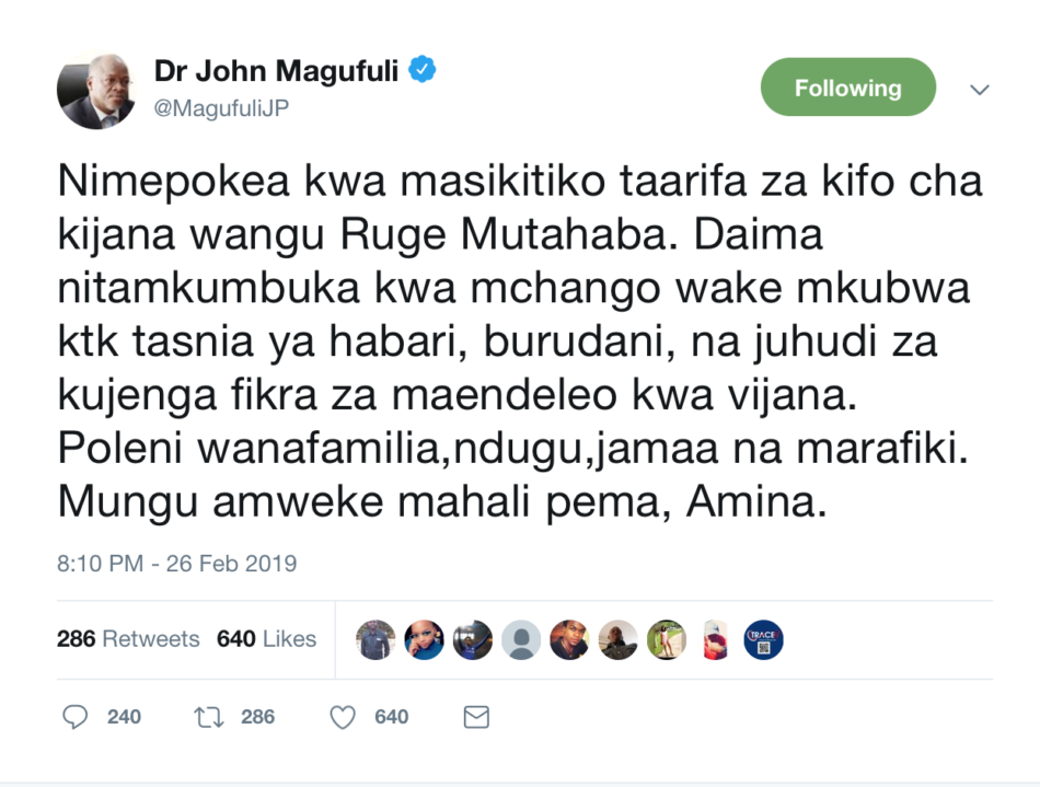 Swahili Time: Tanzia - Ruge Mutahaba