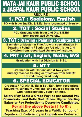 Mata Jai Kaur & Jaspal Kaur Public School, New Delhi Wanted PGT plus ...