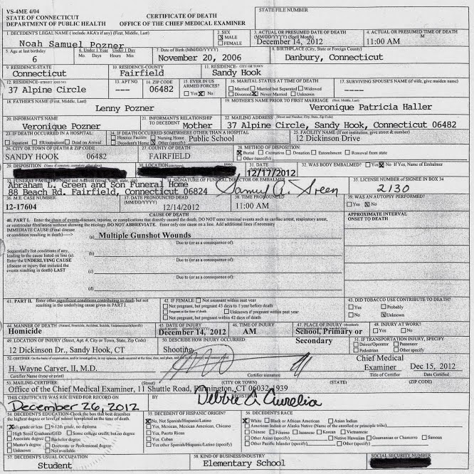 Sandy Hook- Facts & Research: Noah Pozner Death Certificate Released