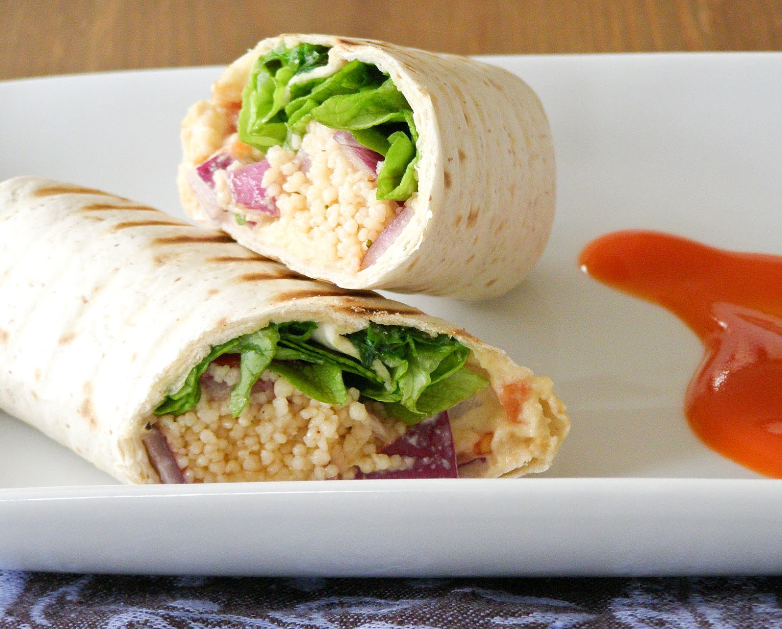 maple•spice: Grilled Couscous Houmous Salad Wrap with Chilli Sauce