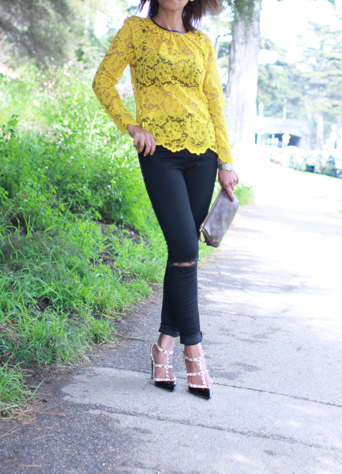 WITHLOVESTYLE: Yellow Lace & Black Ripped Jeans