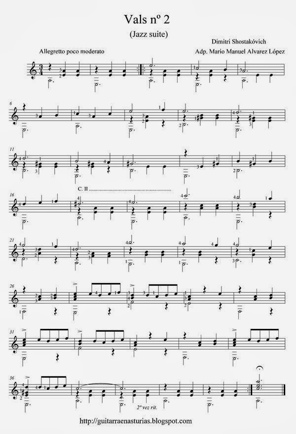 Partituras de guitarra: D. Shostakóvich. Vals nº 2