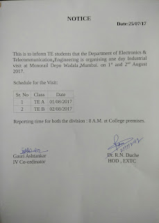 EXTC Department: Notice Regarding Industrial Visit to Mumbai Monorail
