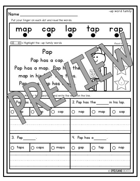 Emily Jane Creates: READING COMPREHENSION PASSAGES-CVC WORD FAMILY WORDS