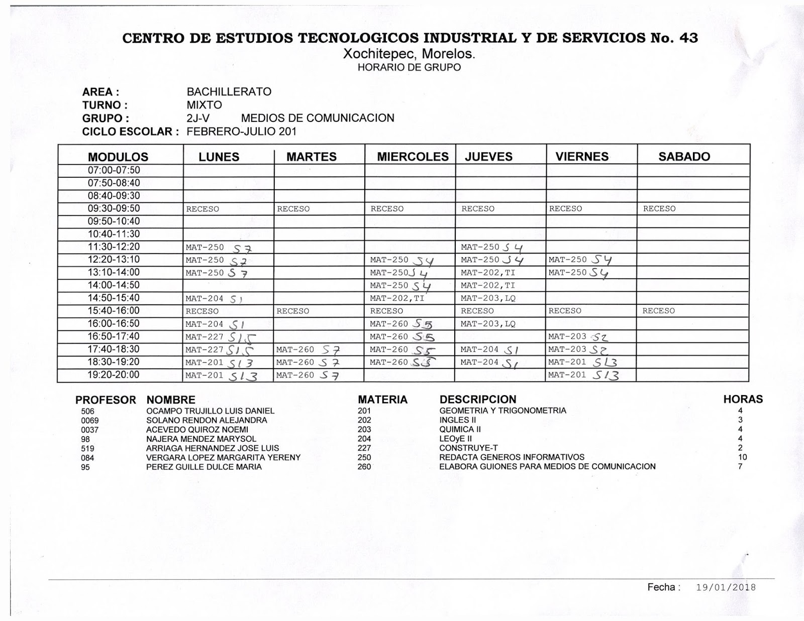 CETis 43 : HORARIOS 2do SEMESTRES