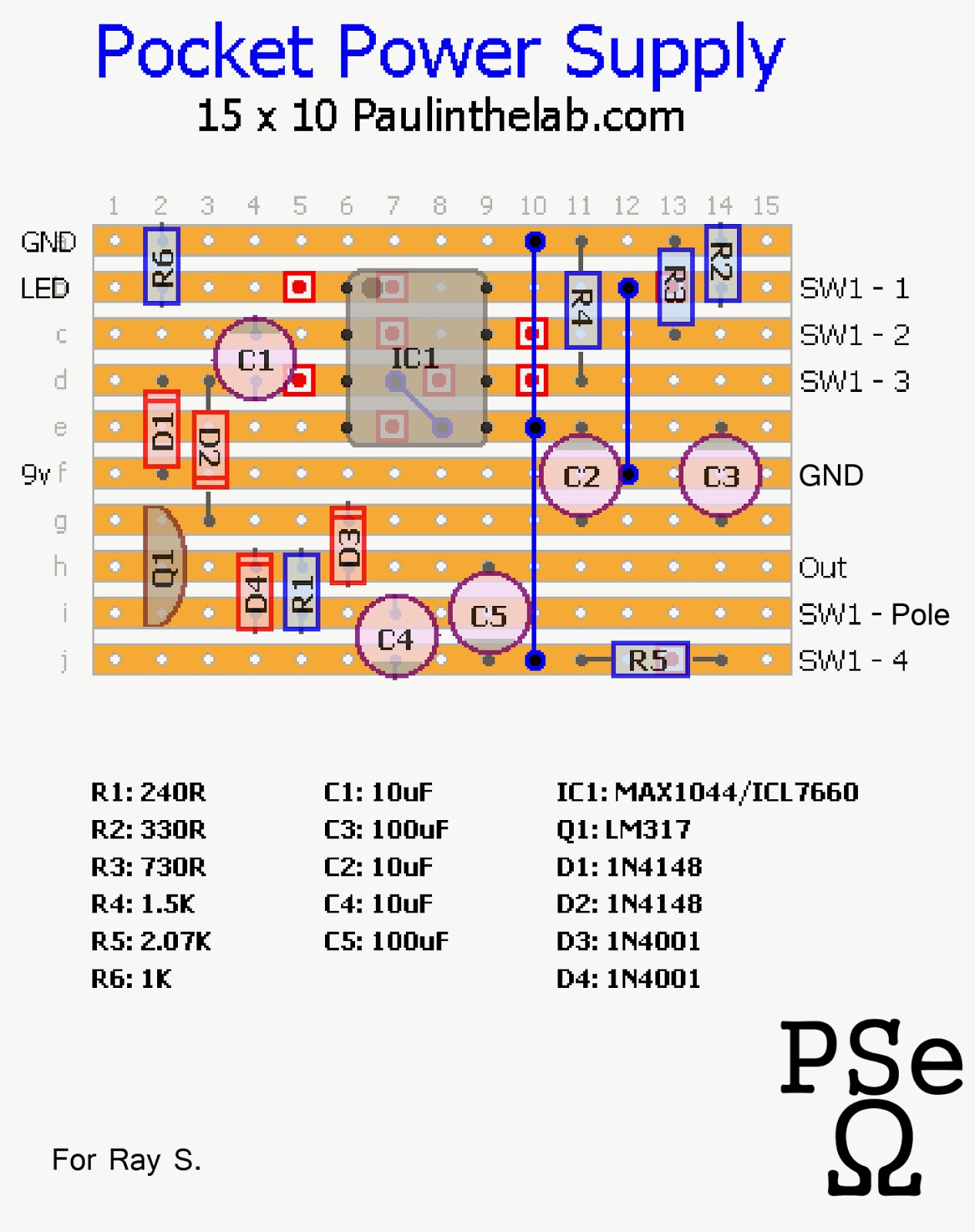 Paul In The Lab: Adjustable Pocket Power Supply Stripboard Veroboard Layout