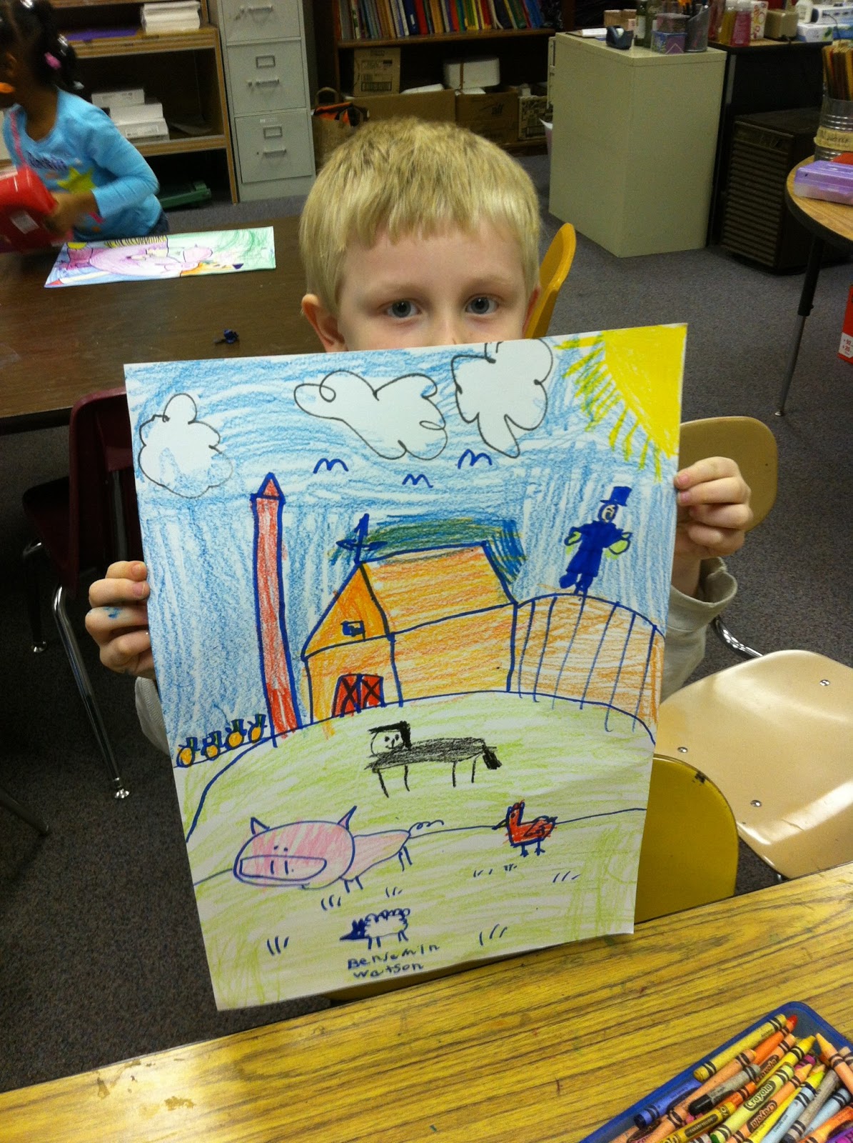 Primary Art: Kindergarten directed line farm drawing