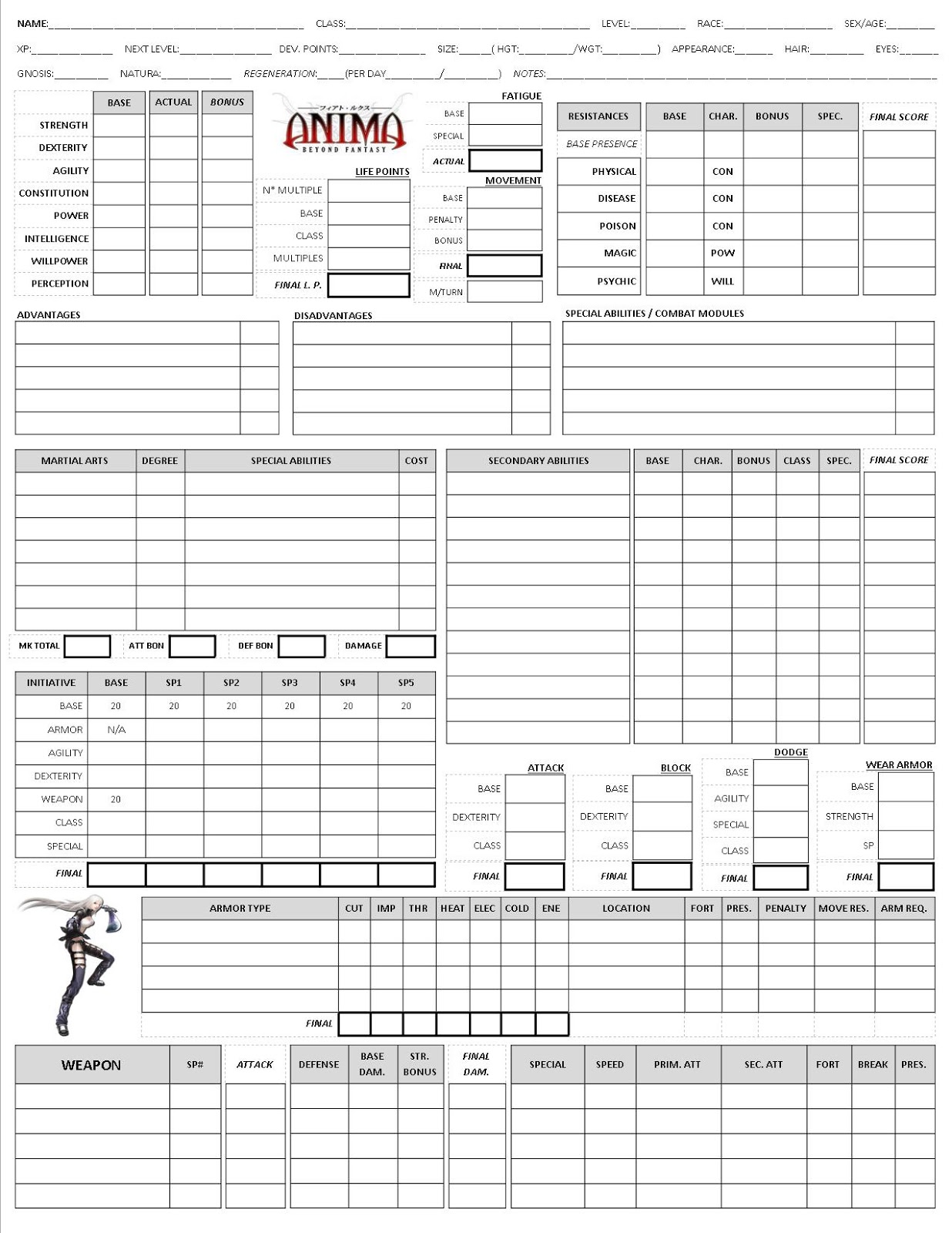 Graphite Prime: Anima: Beyond Fantasy Character Sheets